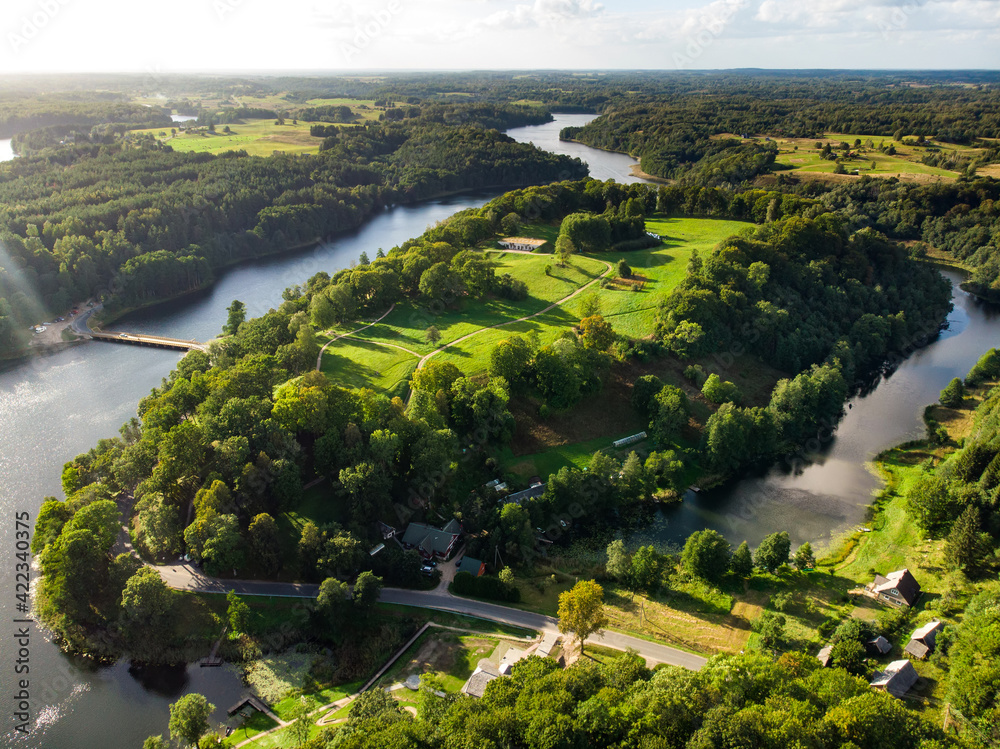 Aerial landscape of Dubingiai Castle Hill, former island, now a ...