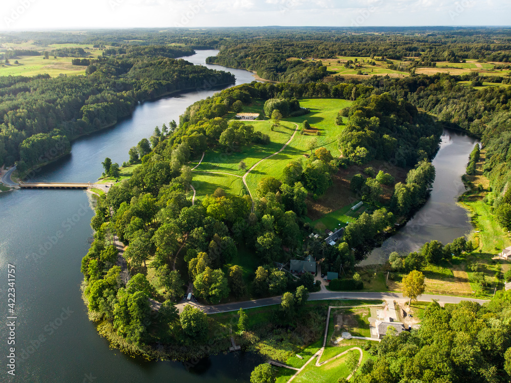 Aerial landscape of Dubingiai Castle Hill, former island, now a ...