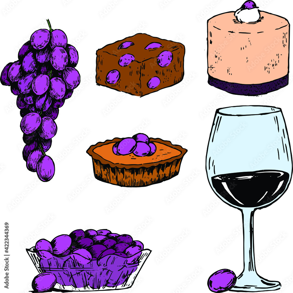 Grapes and food from grapes illustration. A bunch of grapes, cake ...