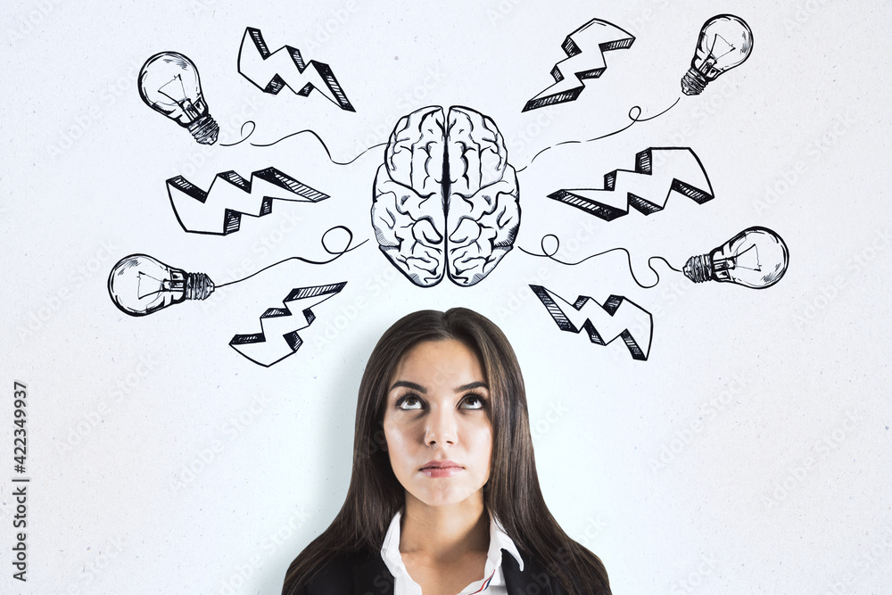 Brainstorm and thinking concept with businesswoman on white background ...