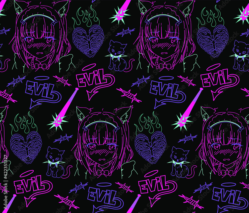 Vector anime girl seamless pattern in pink color with different ...