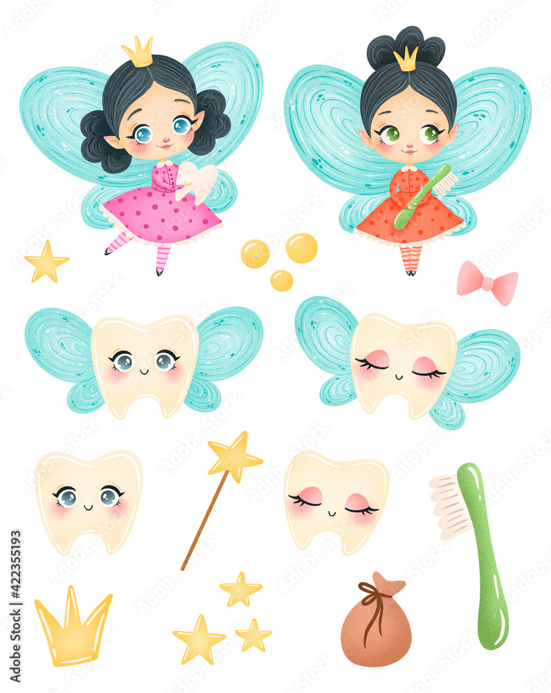 Cute cartoon tooth fairy set isolated on white background Stock ...