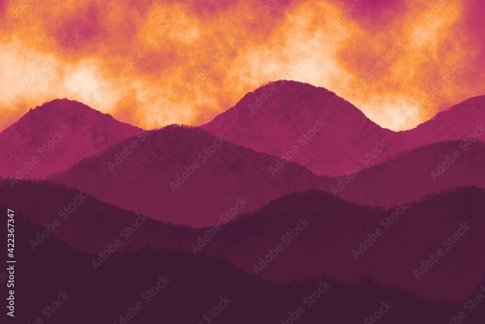 Beautiful dark red and orange mountain landscape. Sunrise and sunset in ...
