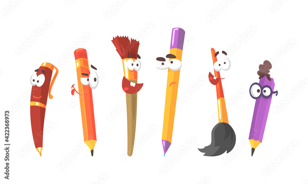 Animated Stationery Characters Set, Cute Pens and Pencils with Funny ...