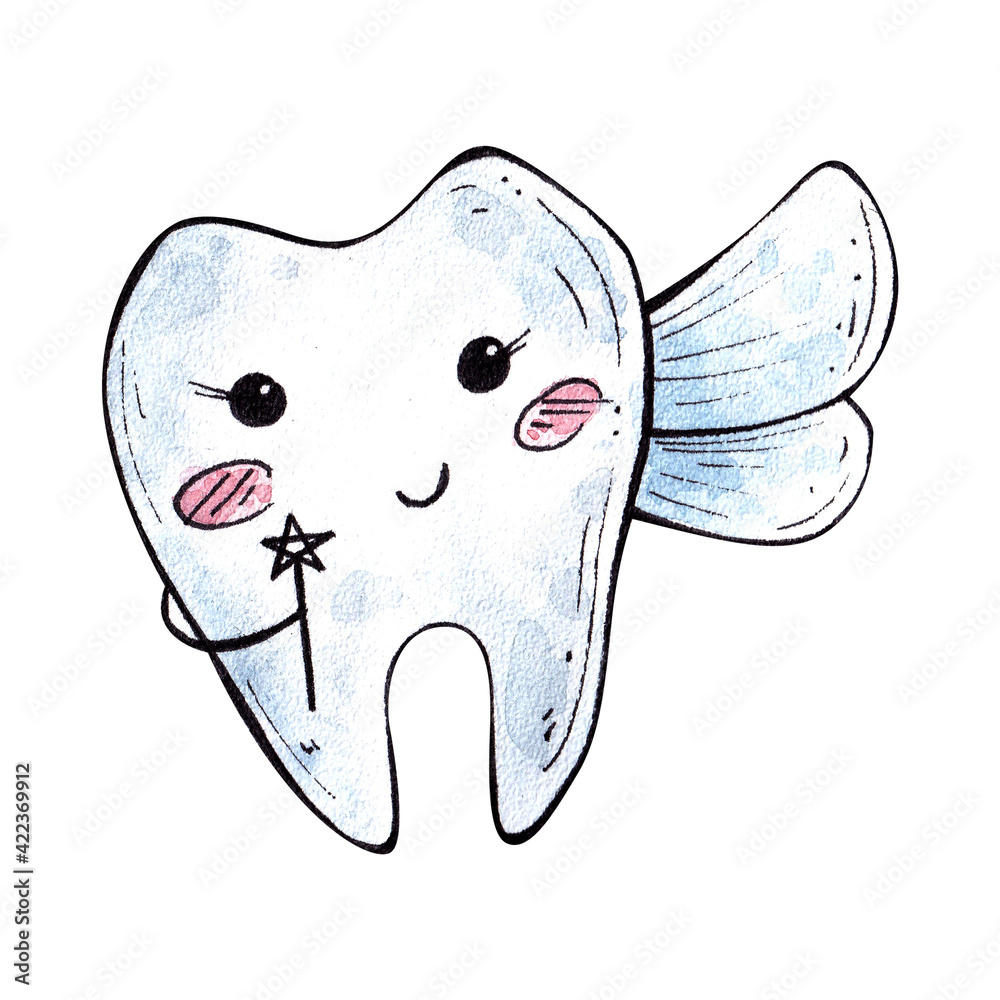 watercolor illustration of a cute tooth on a white background. tooth ...