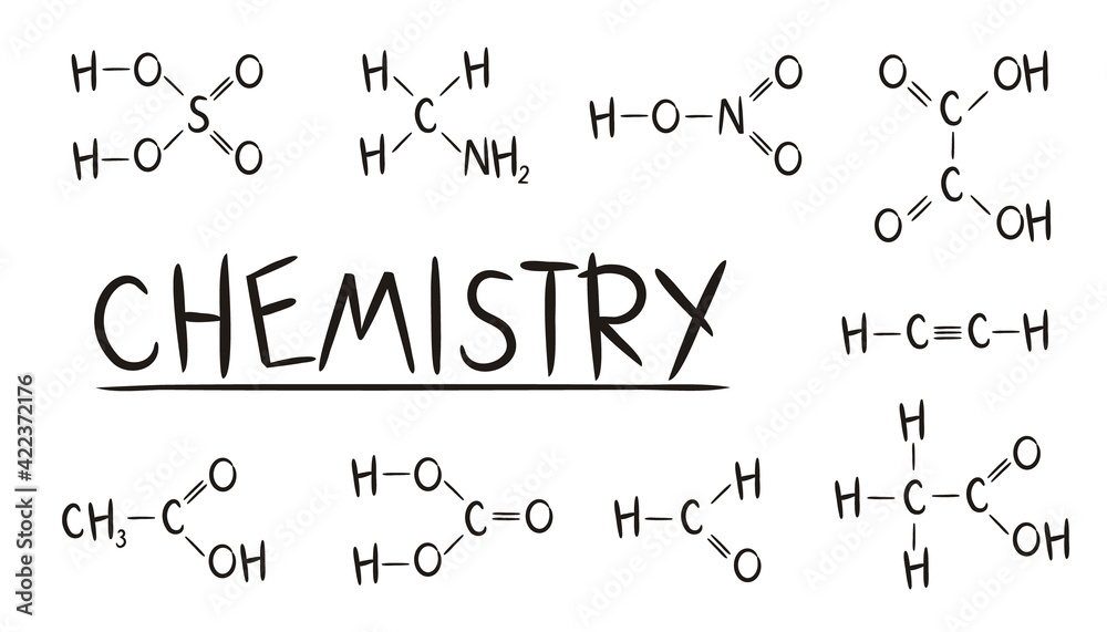 Hand-drawn chemical formulas of different substances. Linear elements ...