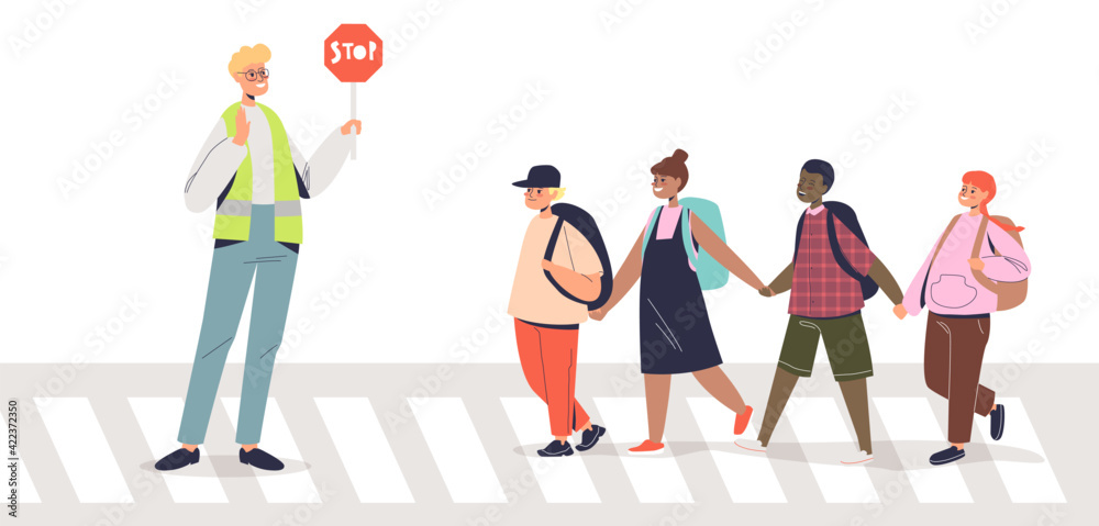 Policeman helping kids to cross road holding stop sign. Safety for ...