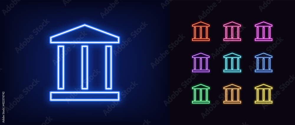 Neon bank building icon. Glowing neon bank sign, outline government or ...