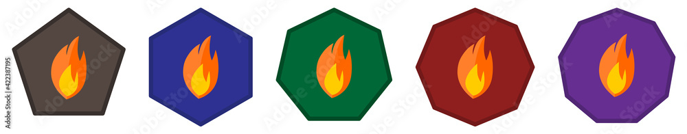 Flame icon in polygons with different number of edges. Fire element ...