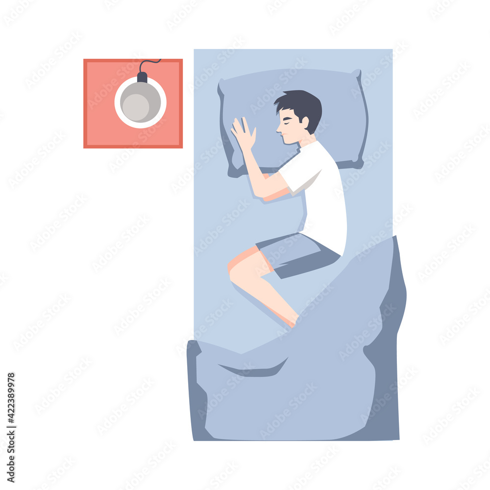 Cartoon man sleeping in bed on his side, in sideways sleep position ...