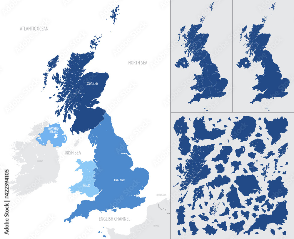 Detailed, vector, blue map of the United Kingdom with administrative ...