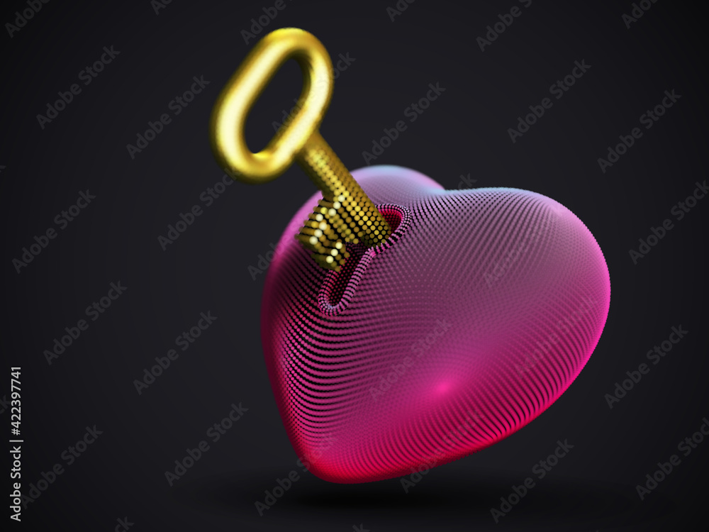 Red 3D human heart with keyhole and golden key on dark gray background ...