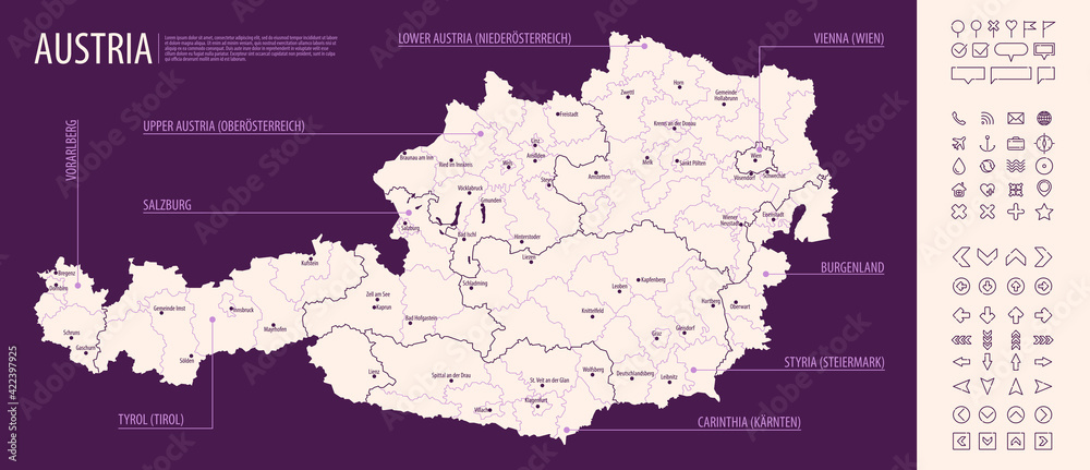 Detailed map of Austria with administrative divisions on dark ...