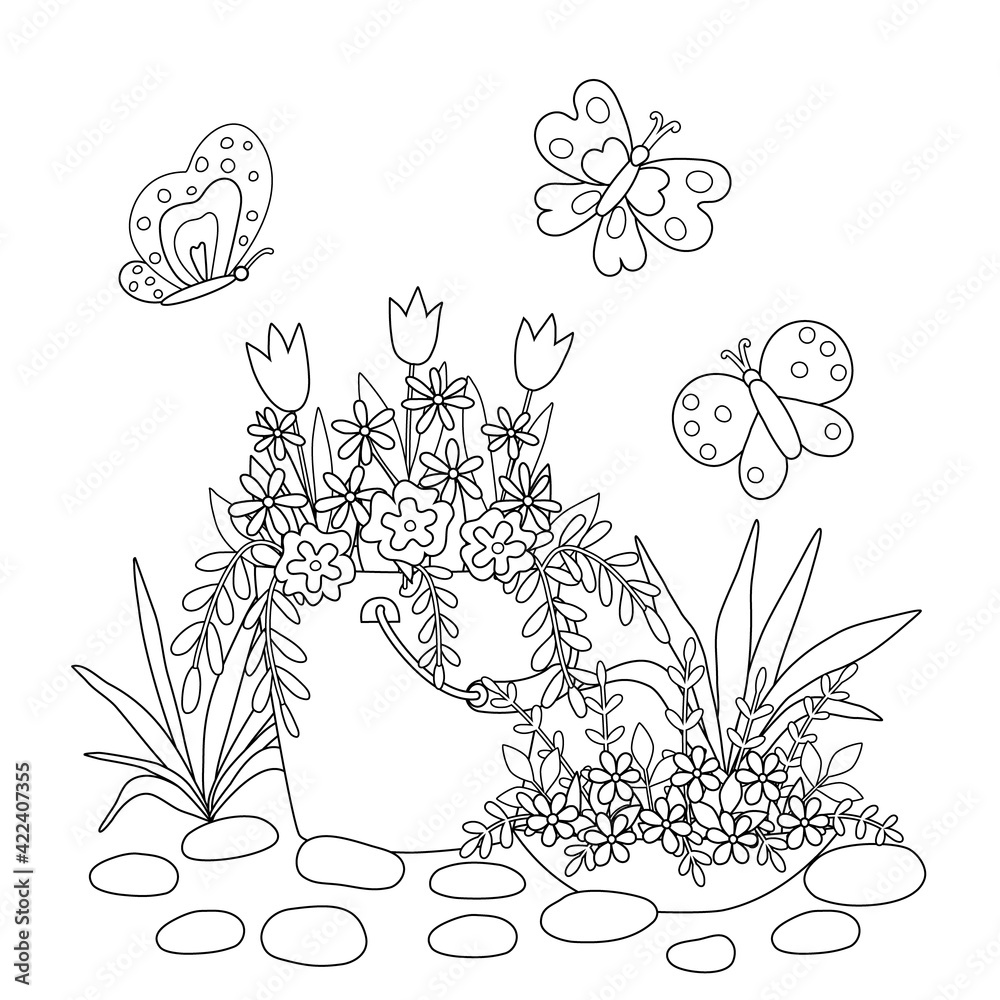 Cute coloring book with spring garden bouquets. Black outline of ...