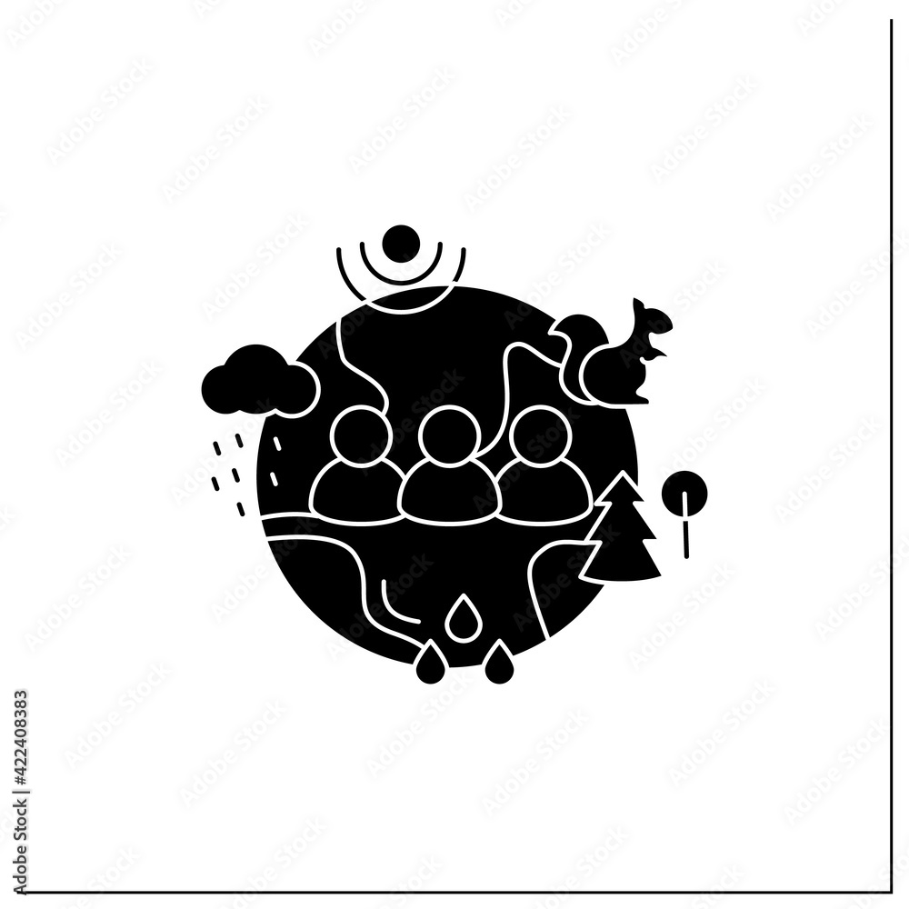 Humans and ecosystem glyph icon.People impact ecosystem. Protection ...