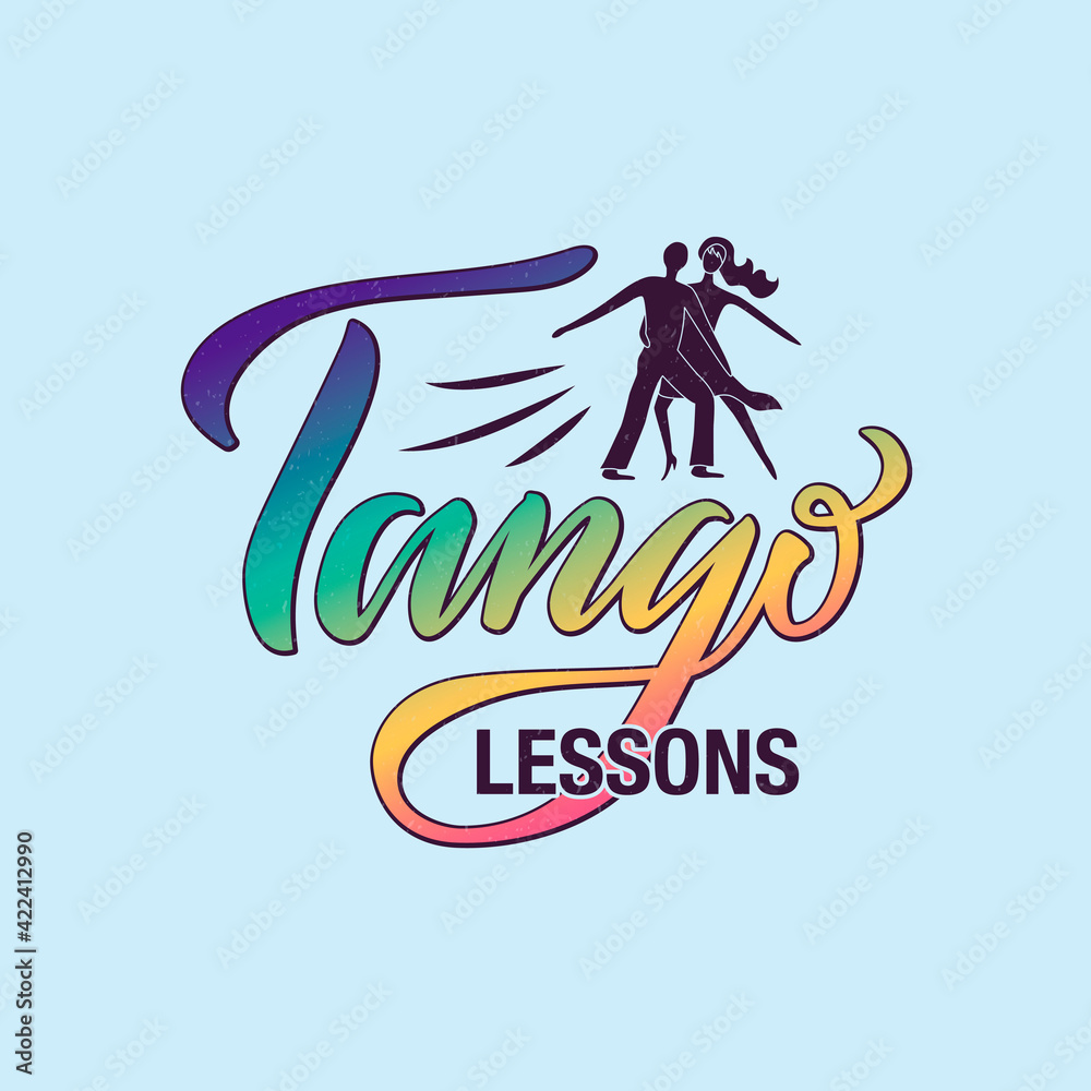 Vector illustration of tango lessons lettering with a dancing couple ...