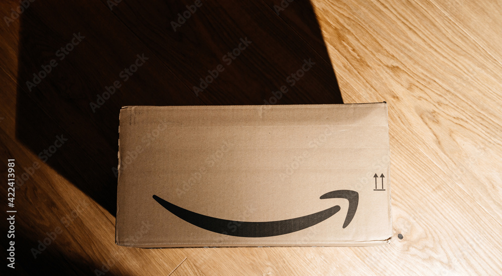 Paris, France - Jan 23, 2021: View from above of delivered Amazon Prime ...