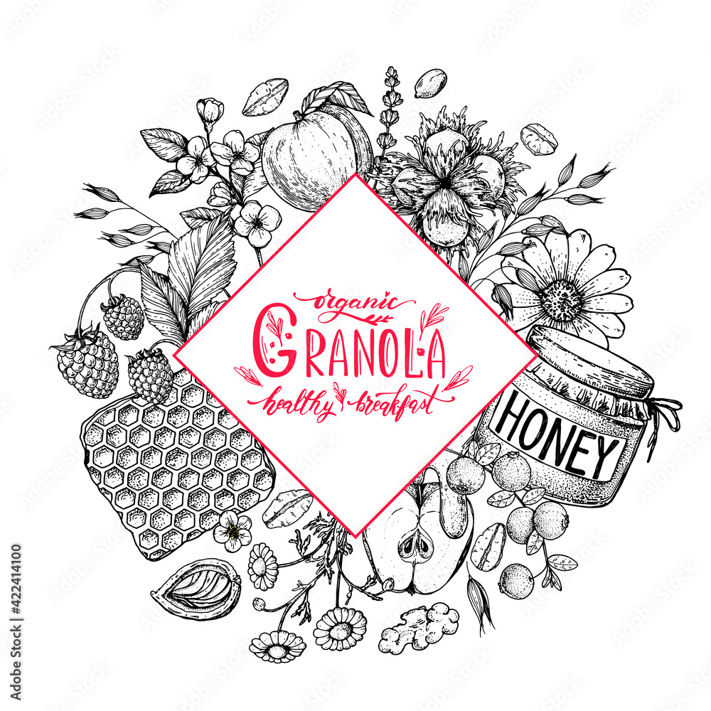 Granola sketch illustration. Breakfast label. Oat flakes , berries ...
