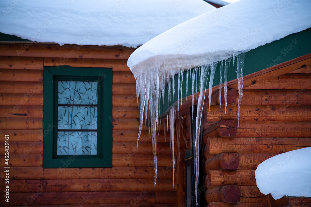 Dangling long icicles seen on the side of a stunning log cabin, home ...
