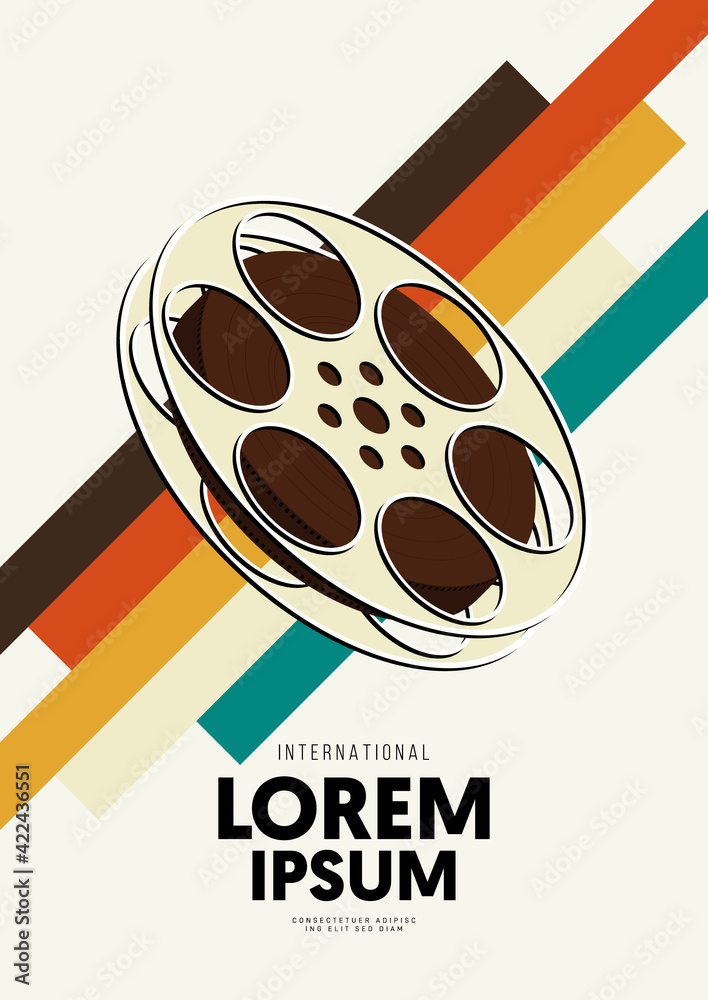 Movie and film poster design template background with vintage film reel ...