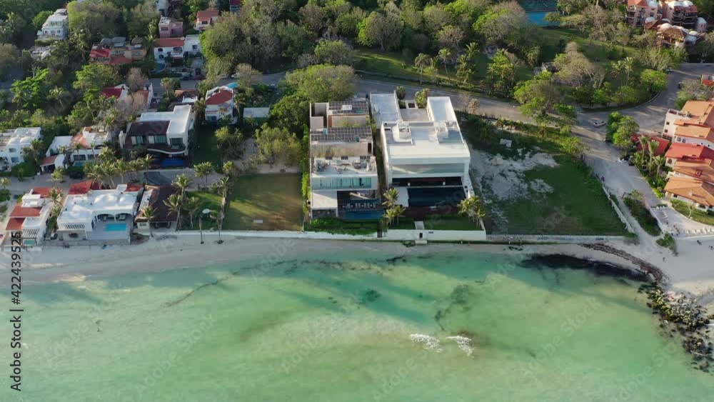 Drone video of a tourist place with a seascape. Hotels and resorts with ...