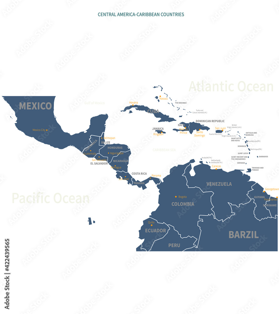 A detailed map of Caribbean-Central America. Caribbean map vector with ...