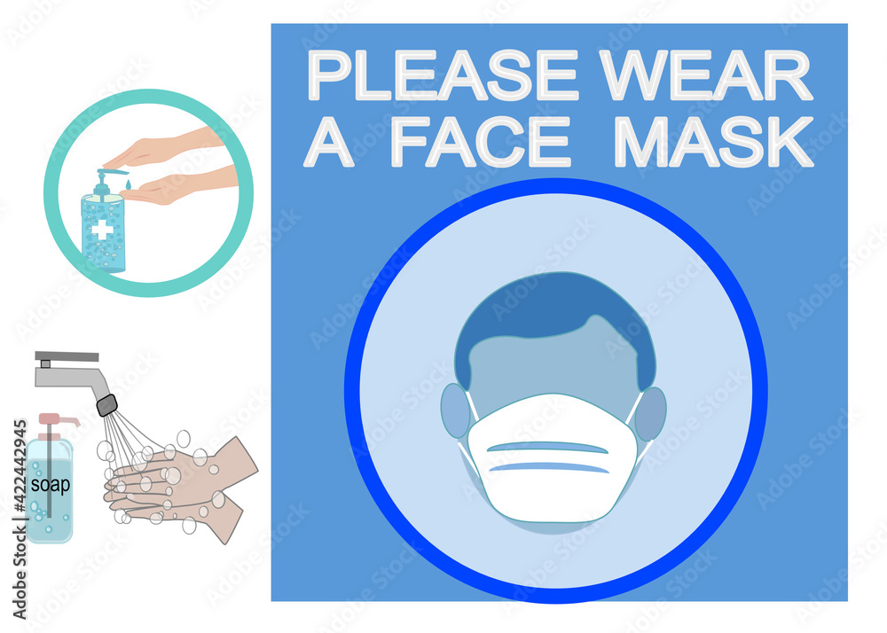 Attention sign ,PLEASE WEAR A FACE MASK black and blue background ...