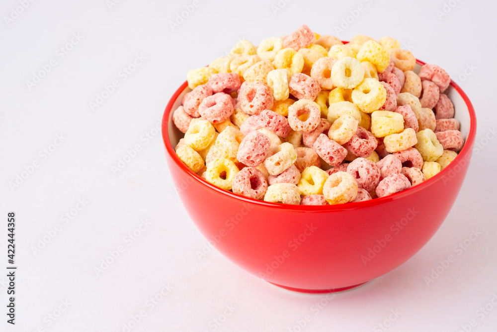 Cereal flakes in red bowl with copy space,Breakfast concept.Food with ...