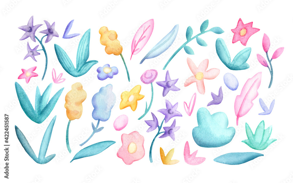 Spring floral elements watercolor clipart on white background. Flower ...