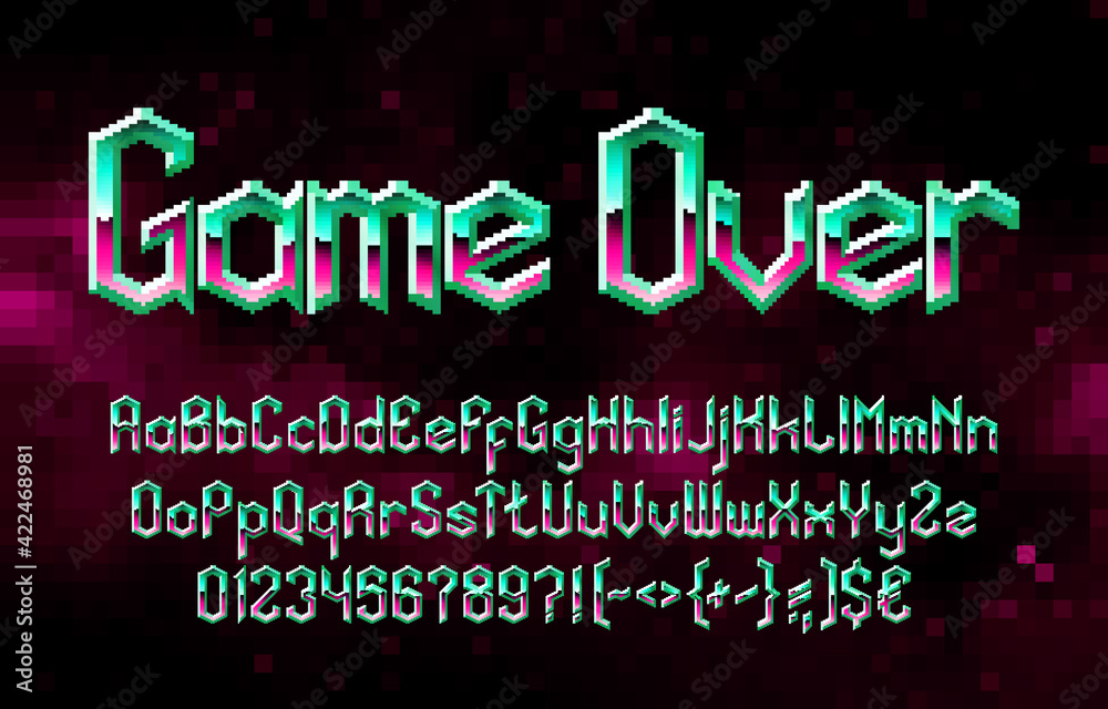 Game Over alphabet font. Pixel vivid gradient letters, numbers and ...
