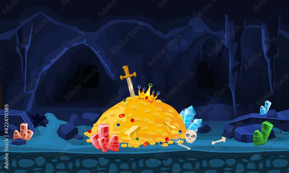 Concept Treasure cave, gold pile, coins, gems, crown, sword, crystals ...