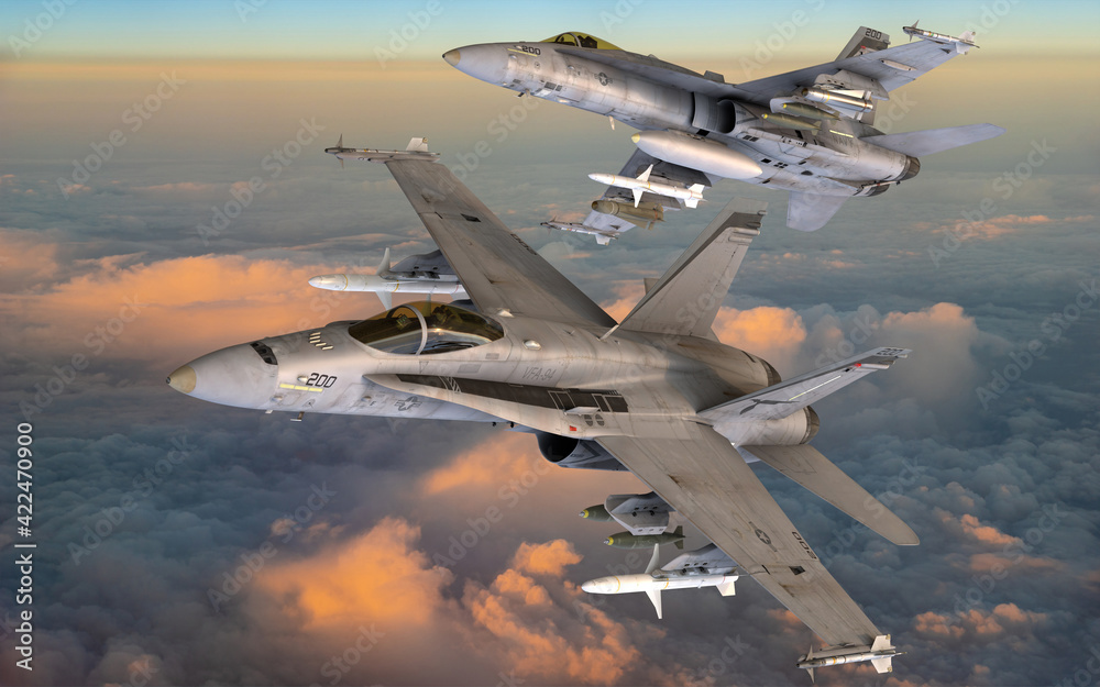 Boeing F / A-18E / F Super Hornet in flight above the clouds Stock ...