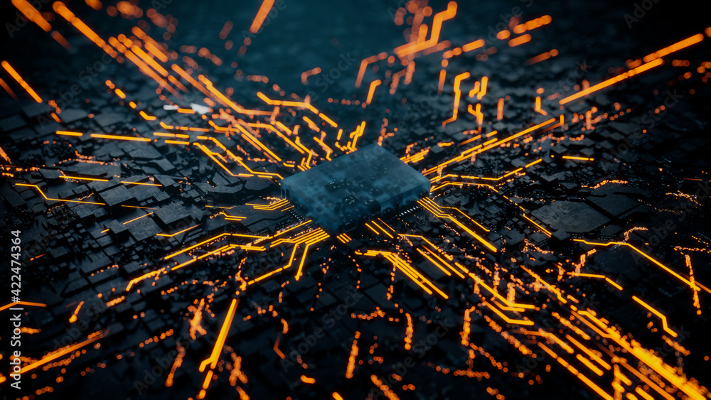 Advanced Technology Concept with Microchip. Orange Neon Data flows from ...