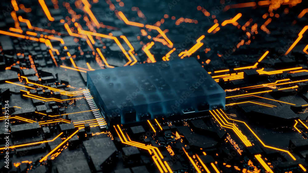 Advanced Technology Concept with Microchip. Orange Neon Data flows from ...