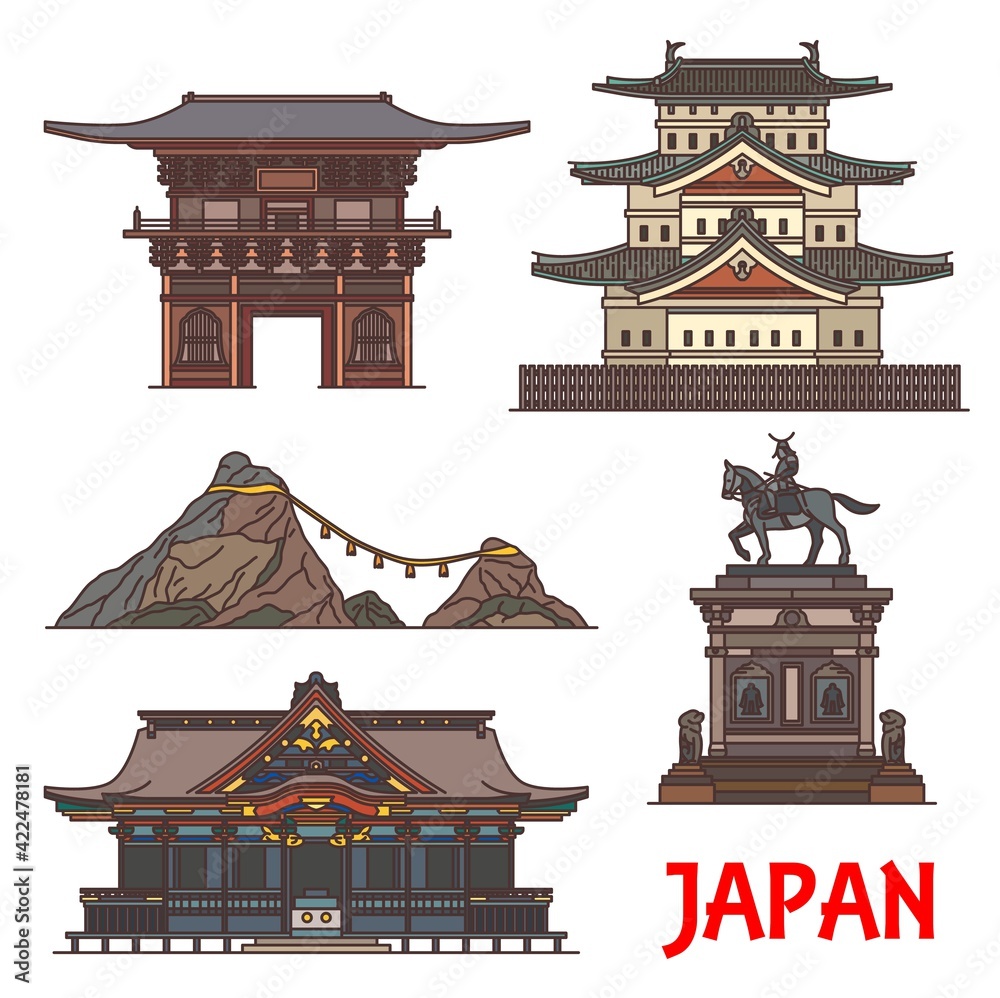 Japan architecture landmarks, temples and Japanese buildings, vector ...