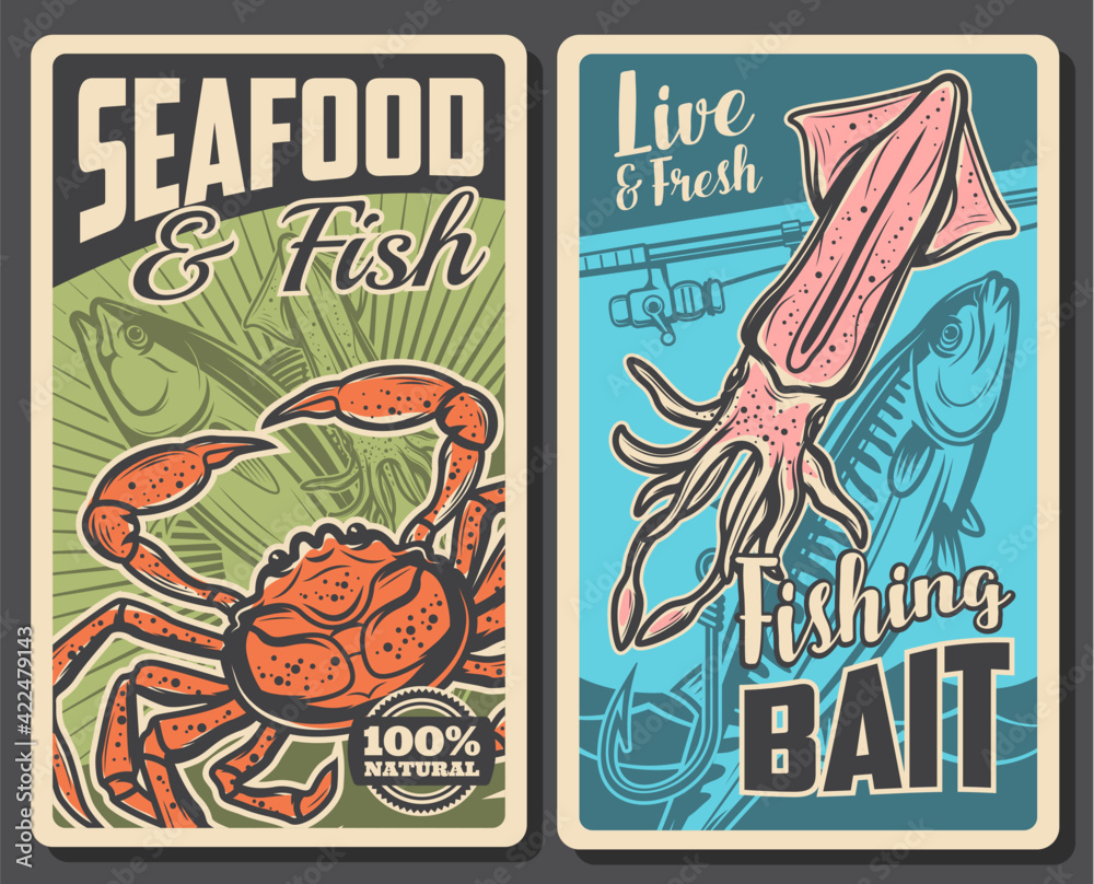 Seafood and fishing bait store banner. Fresh tuna and mackerel fish ...