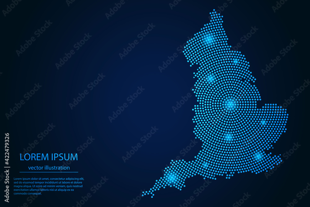 Abstract image England map from point blue and glowing stars on a dark ...