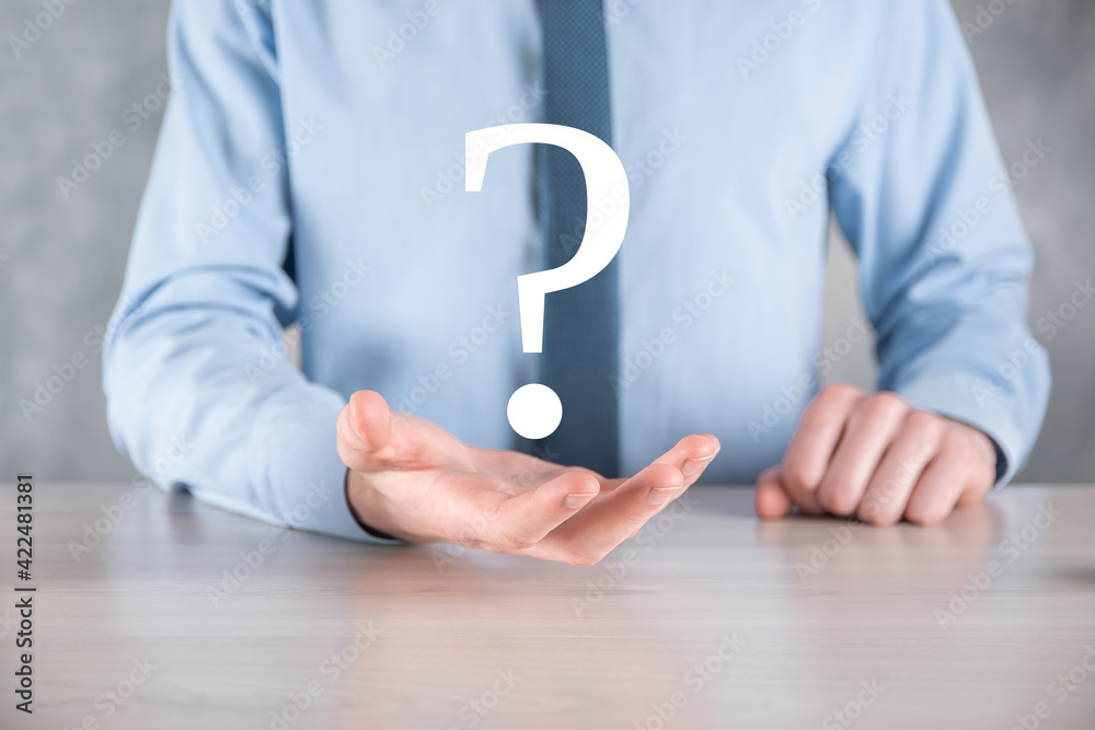 Businessman man hand hold interface question marks sign web. Ask ...