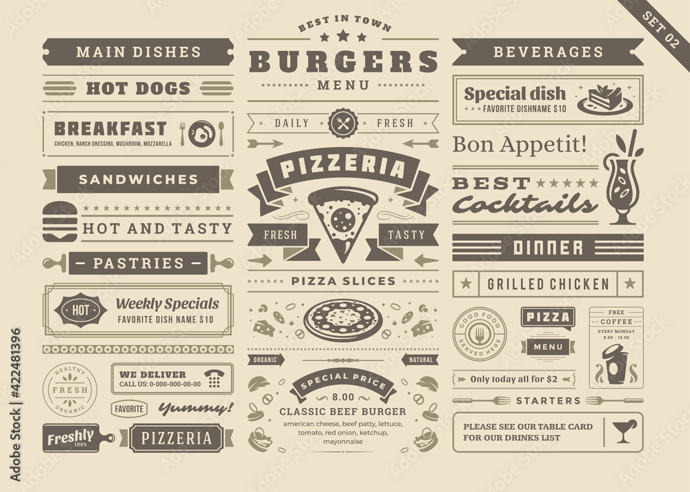 Restaurant menu typographic decoration design elements set vintage and ...