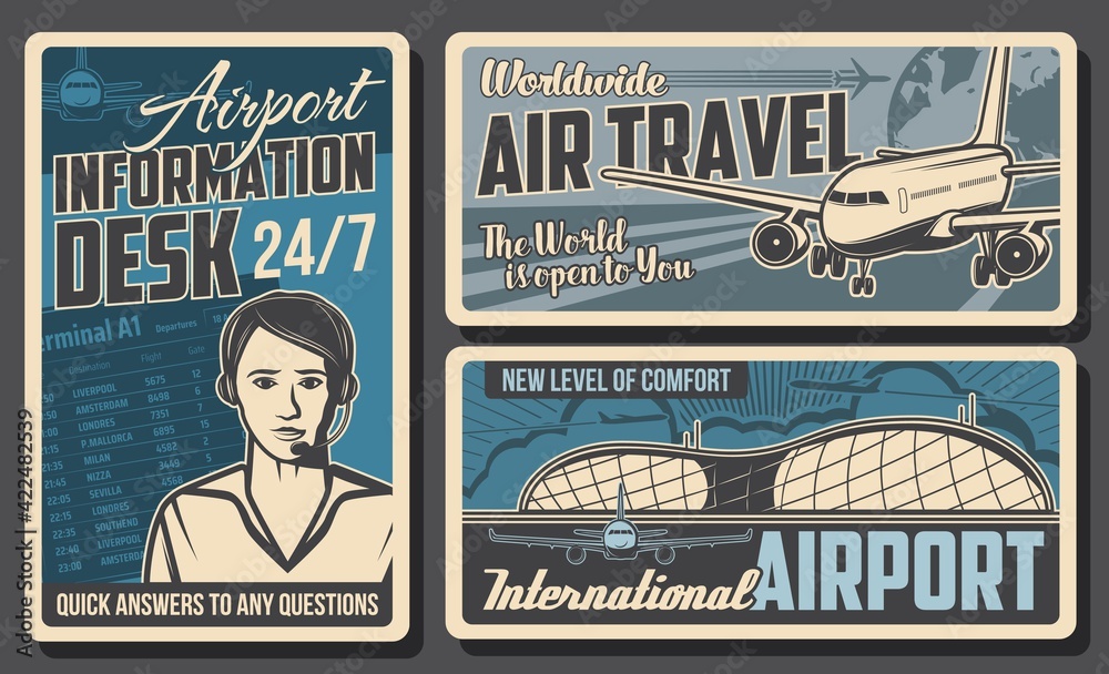 Airport information desk, airplane retro posters. Vector air traffic ...