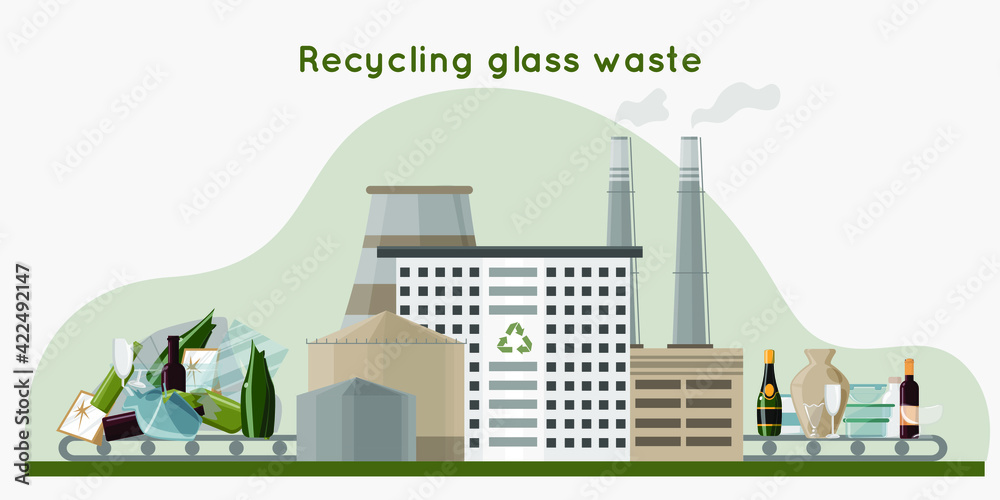 Recycling glass waste into new products. Waste recycling plant with ...