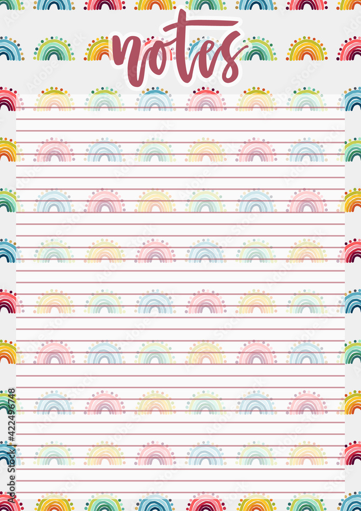 Cute A4 template for notes with lettering and hand drawn rainbows ...