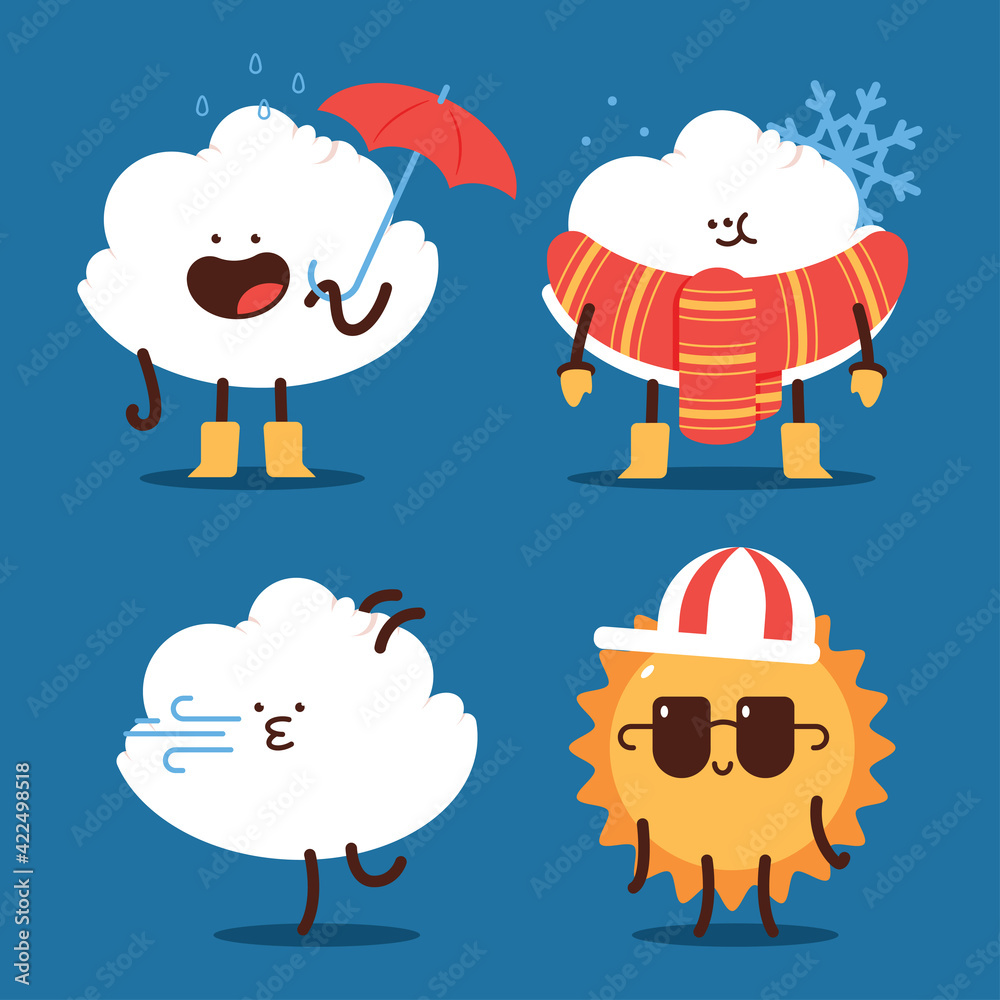 Cute weather characters with funny cloud and sun vector cartoon set ...
