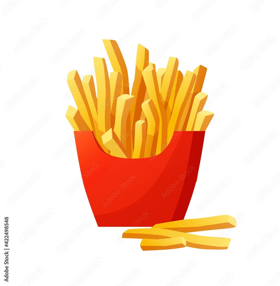 French fried potato in a red pack box. Fast food, junk. Cartoon vector ...