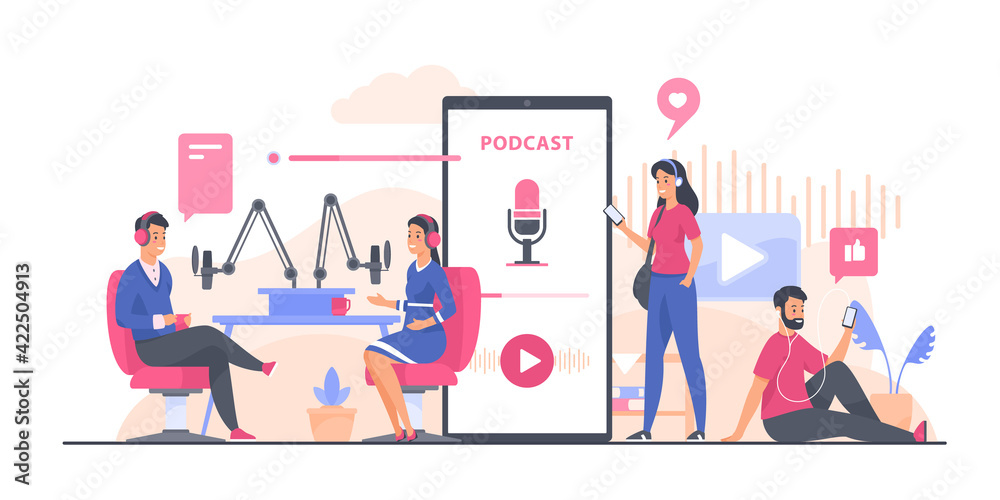Podcast concept. People recording and listening audio podcast. Male and ...