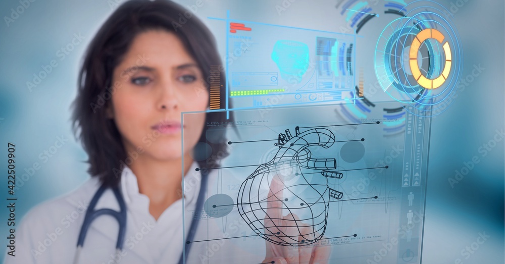 Female doctor touching screen with human heart icon and medical data processing Stock Photo ...