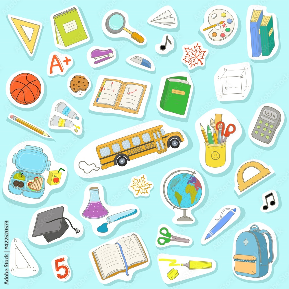 School supplies hand drawn stickers set. Back to school elements ...