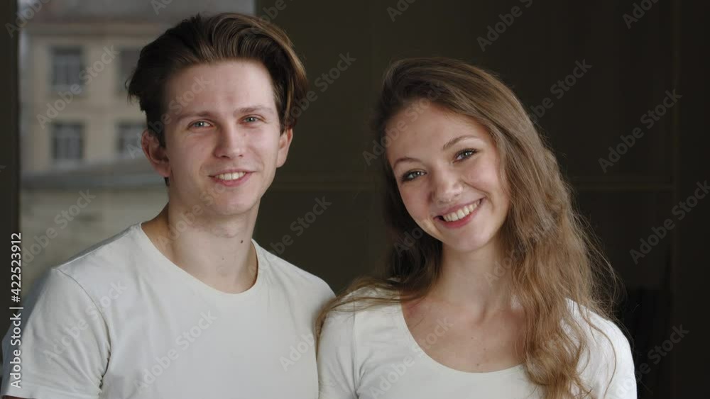 Portrait of two people couple newlyweds happy caucasian husband and ...
