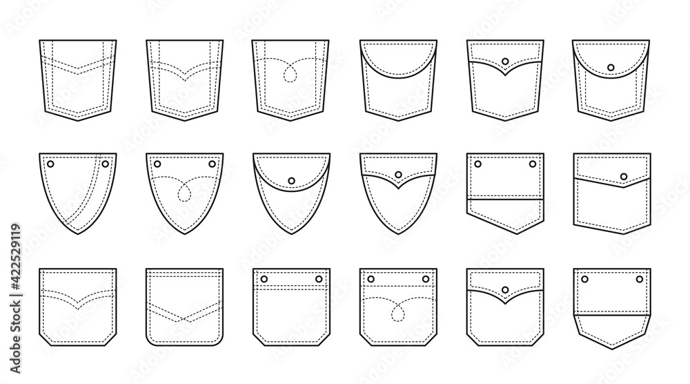 Set of patch pocket icons for denim pants and other clothing. Isolated ...