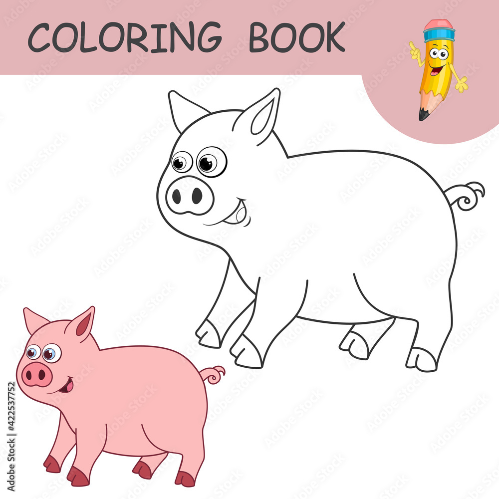 Coloring book with fun character Pig. Colorless and color samples ...